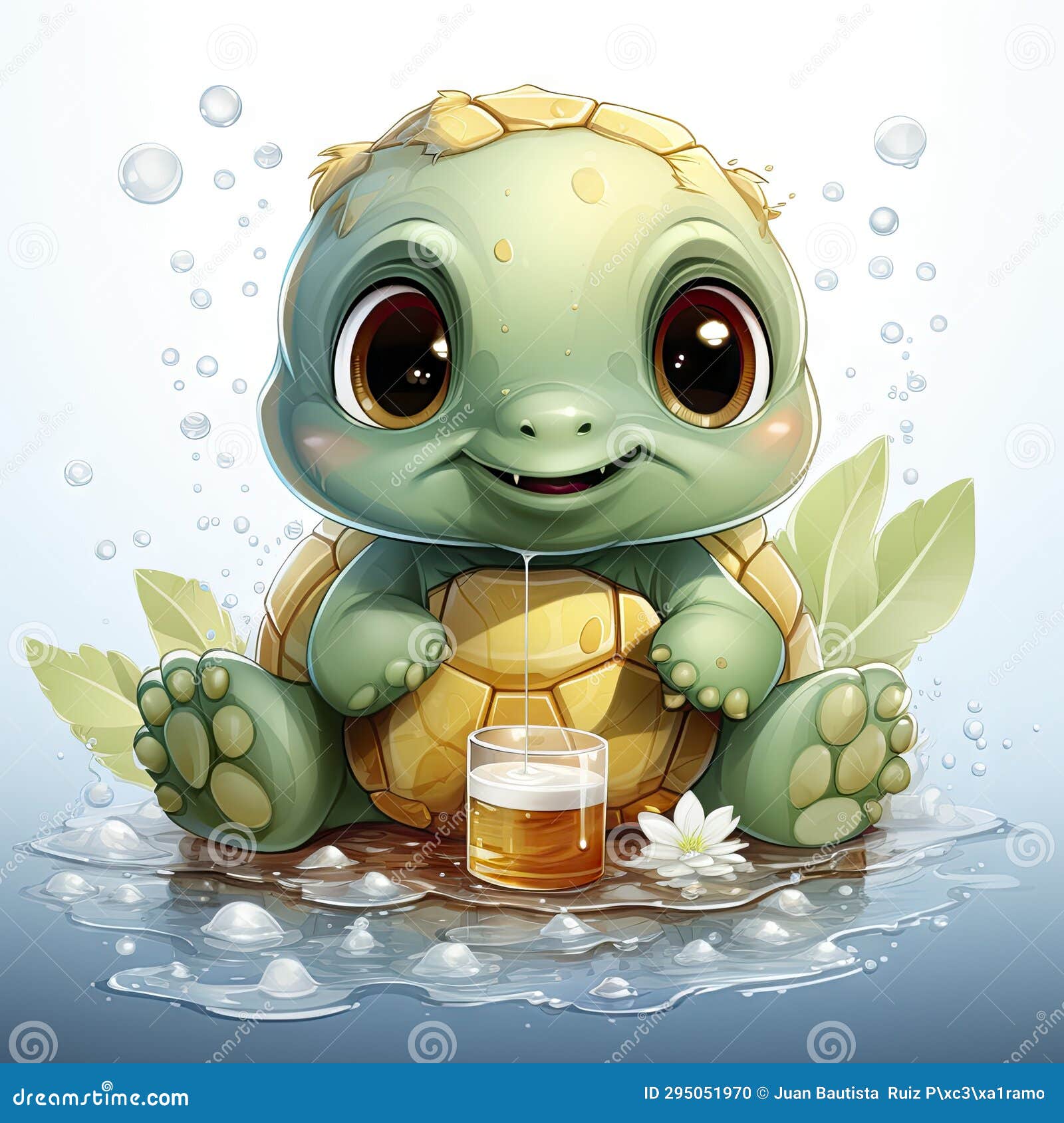 Adorable Turtle Sipping Cool Drinks, Surrounded by Water Bubbles, in a ...