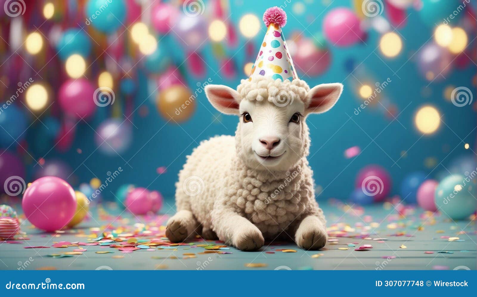 Adorable White Sheep in a Party Hat Surrounded by a Festive Array of Balloons and Confetti ...