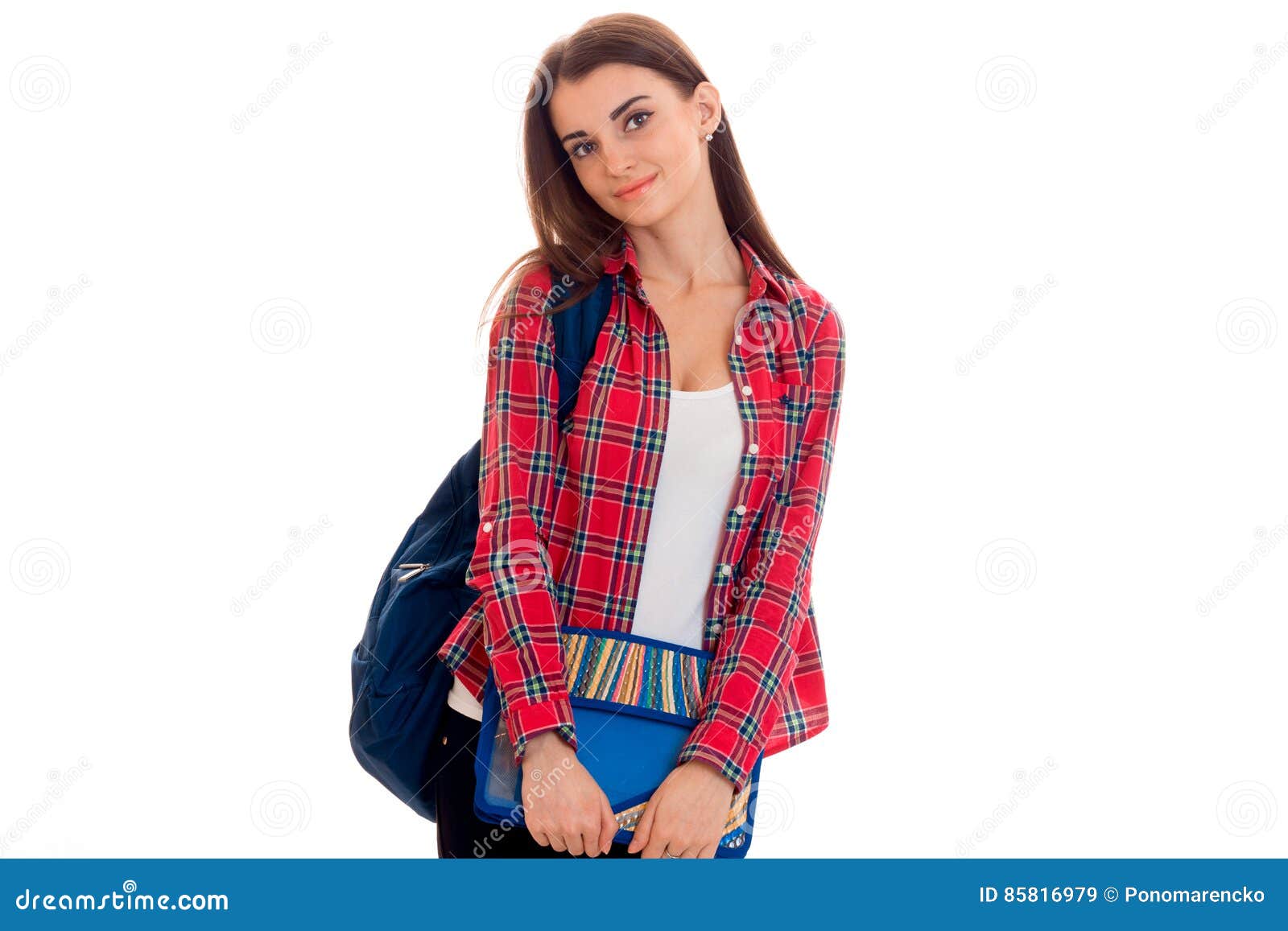 Adorable Young Brunette Student Girl with Blue Backpack Isolated on ... Adorable Young Brunette Student Girl with Blue Backpack Isolated on ...