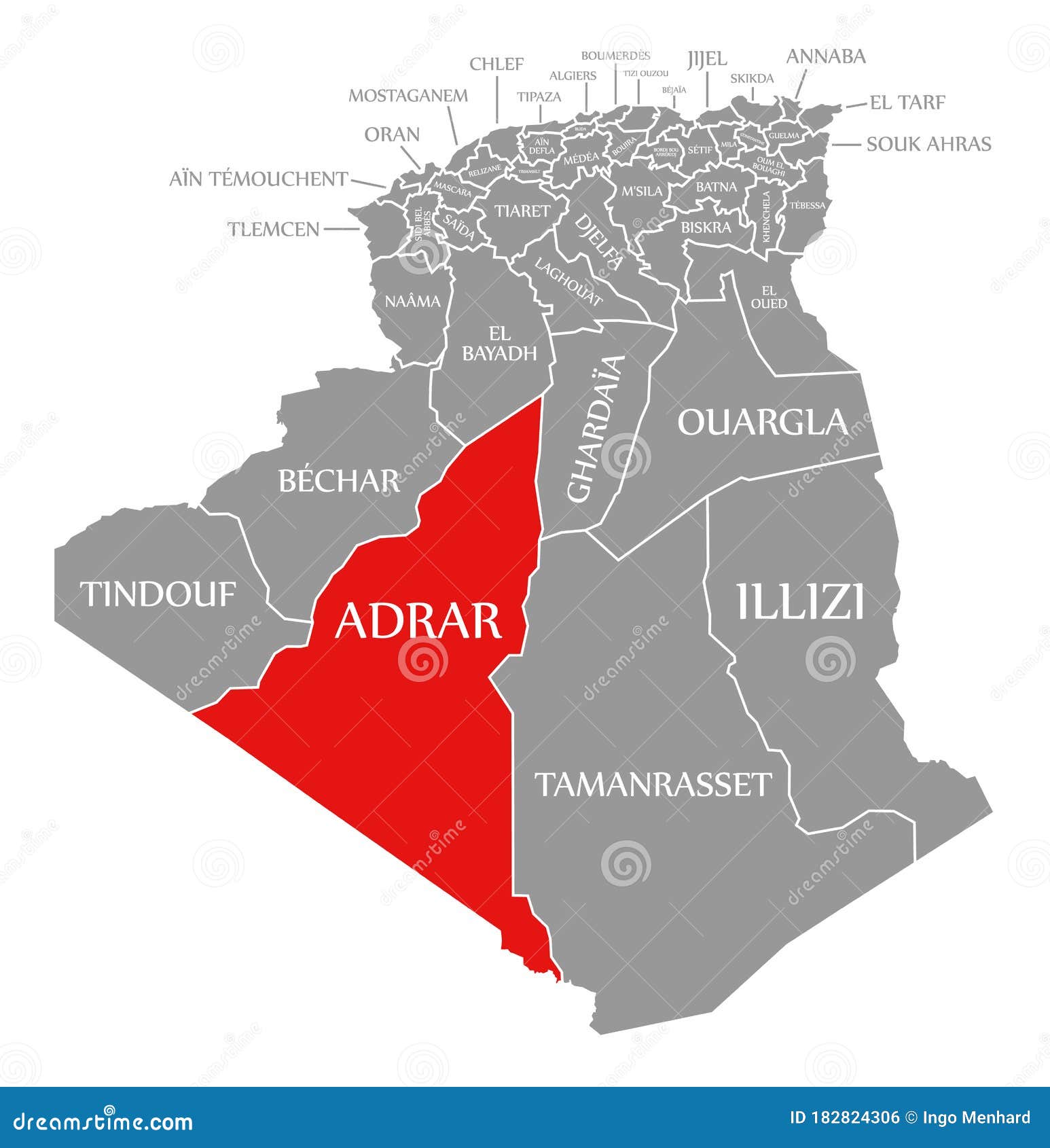 Adrar Red Highlighted in Map of Algeria Stock Illustration ...
