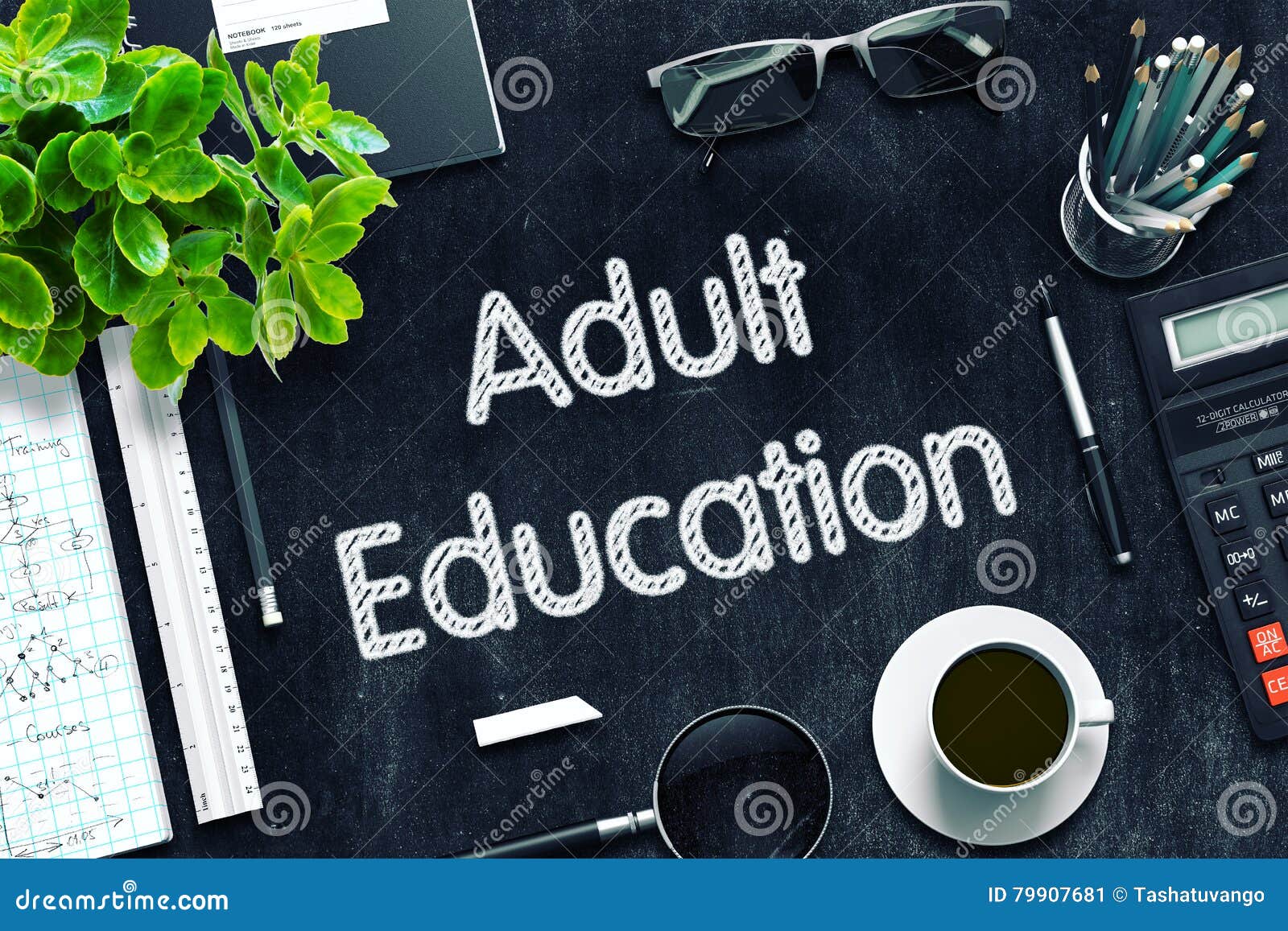 Adult Education - Text on Black Chalkboard. 3D Rendering. Stock Image ...