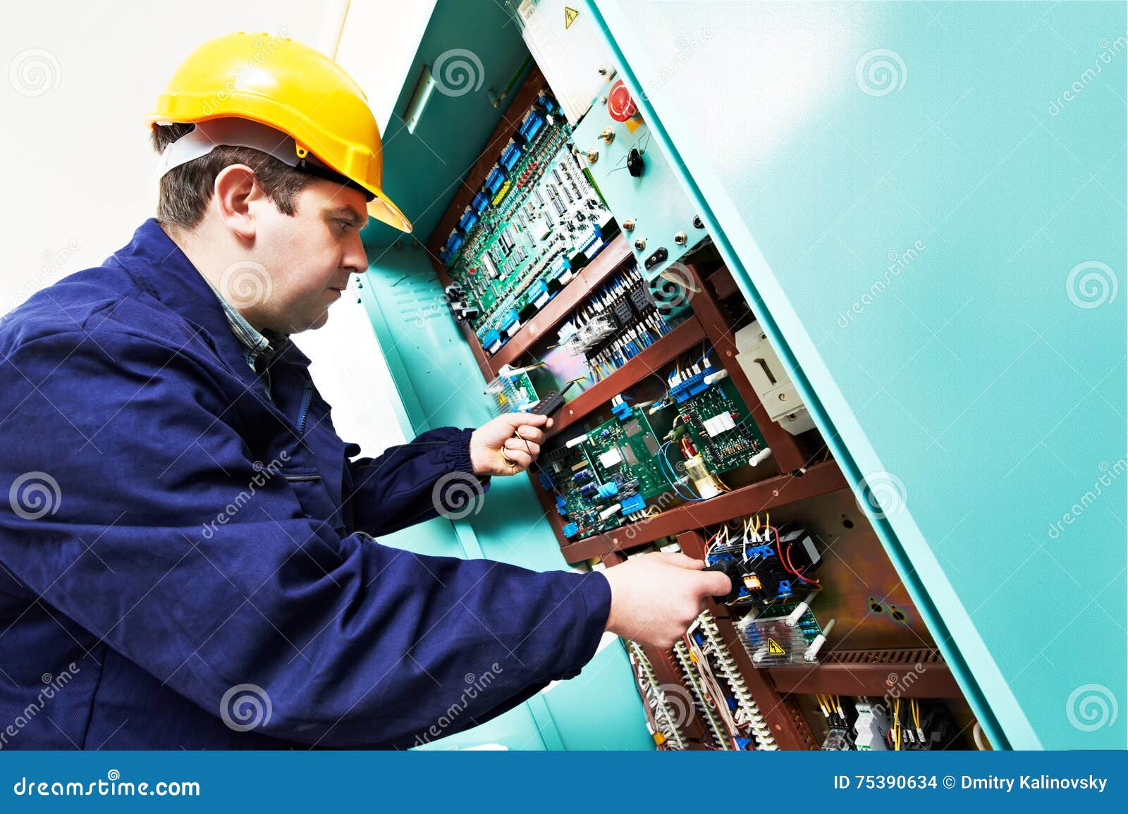 Adult Electrician Builder Engineer Worker Testing Electronics in Switch ...