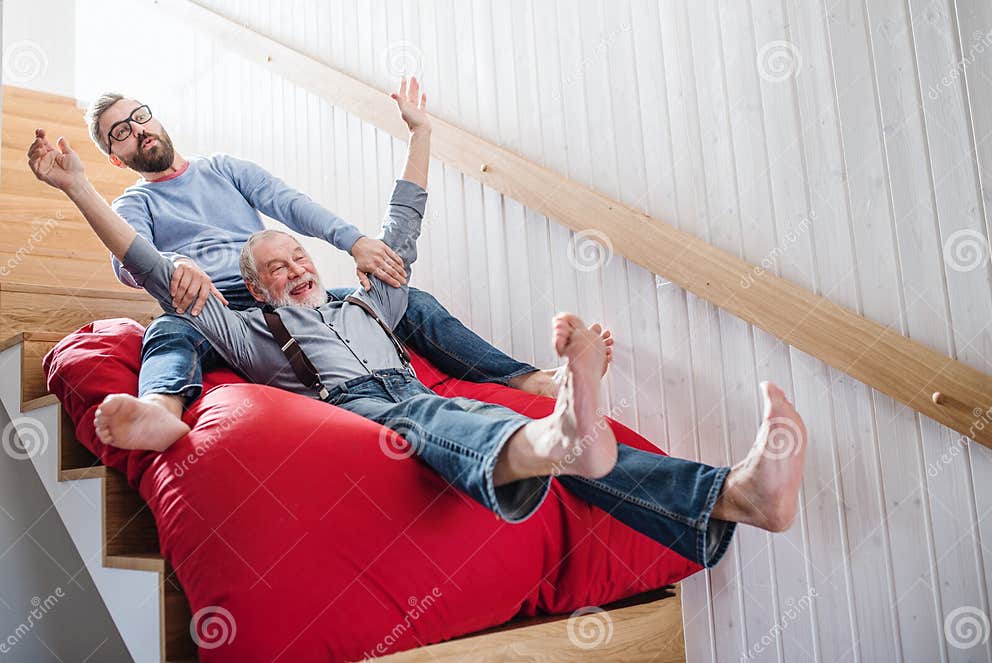 An Adult Hipster Son And Senior Father Indoors At Home Having Fun