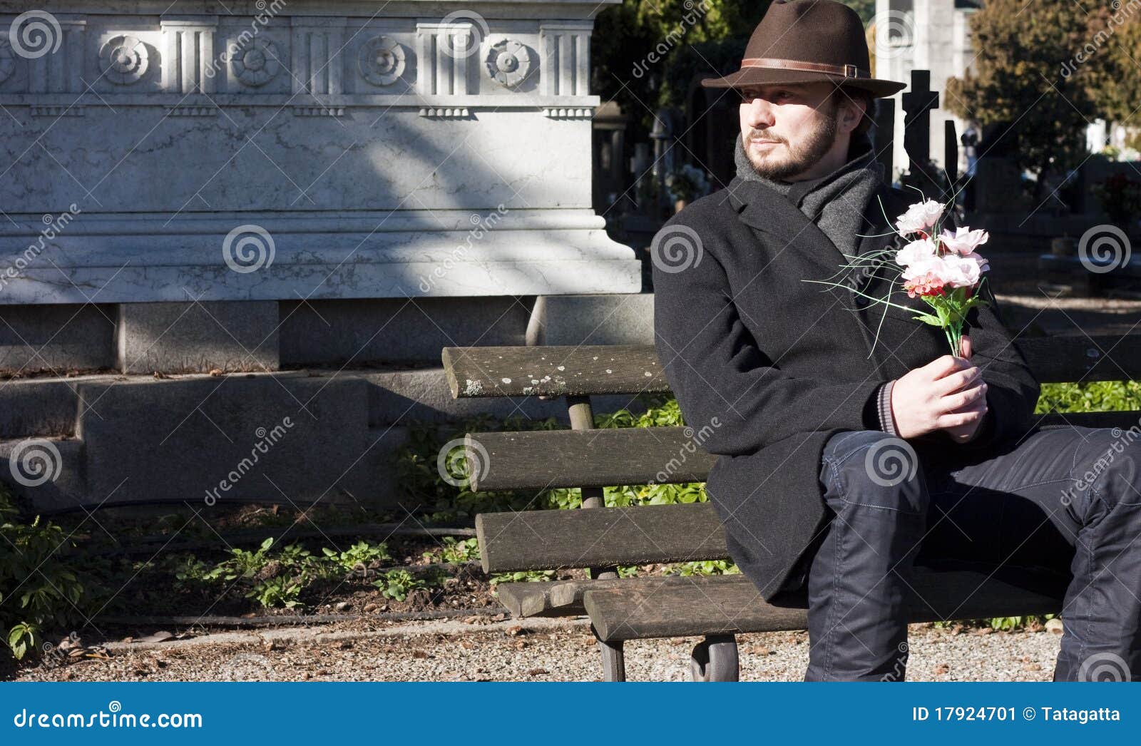 Adult Man at a Cemetery Bench Stock Image - Image of ceremony, away ...