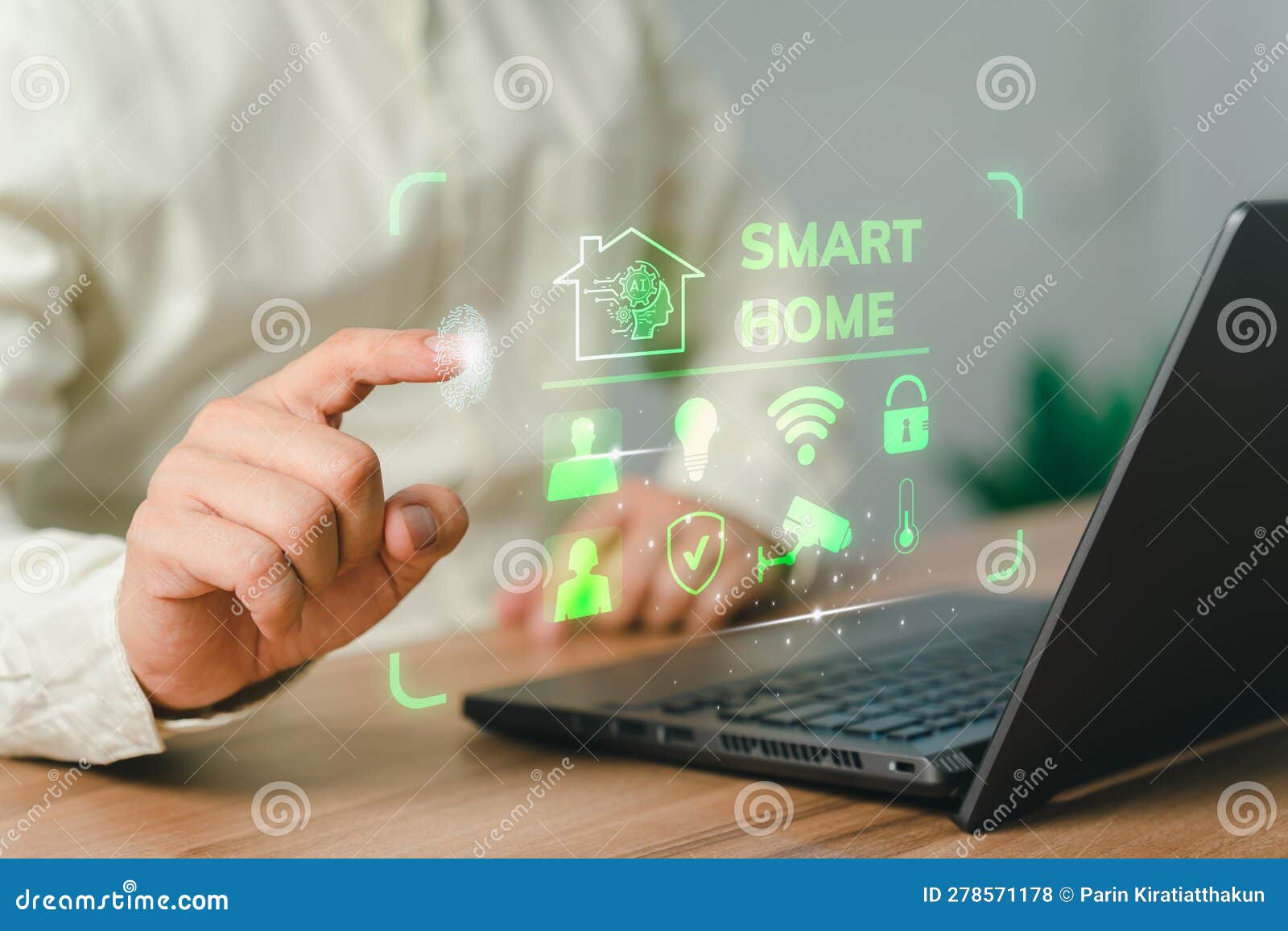 Adult Man Controlling Technology AI Smart Home Devices Using a Laptop ...