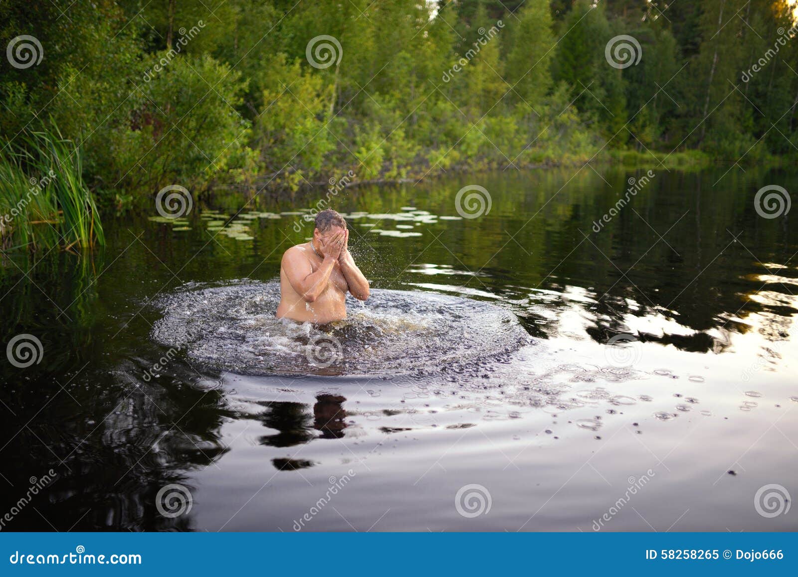 Adult Man Splash Water in Forest Lake Stock Image - Image of reaching ...