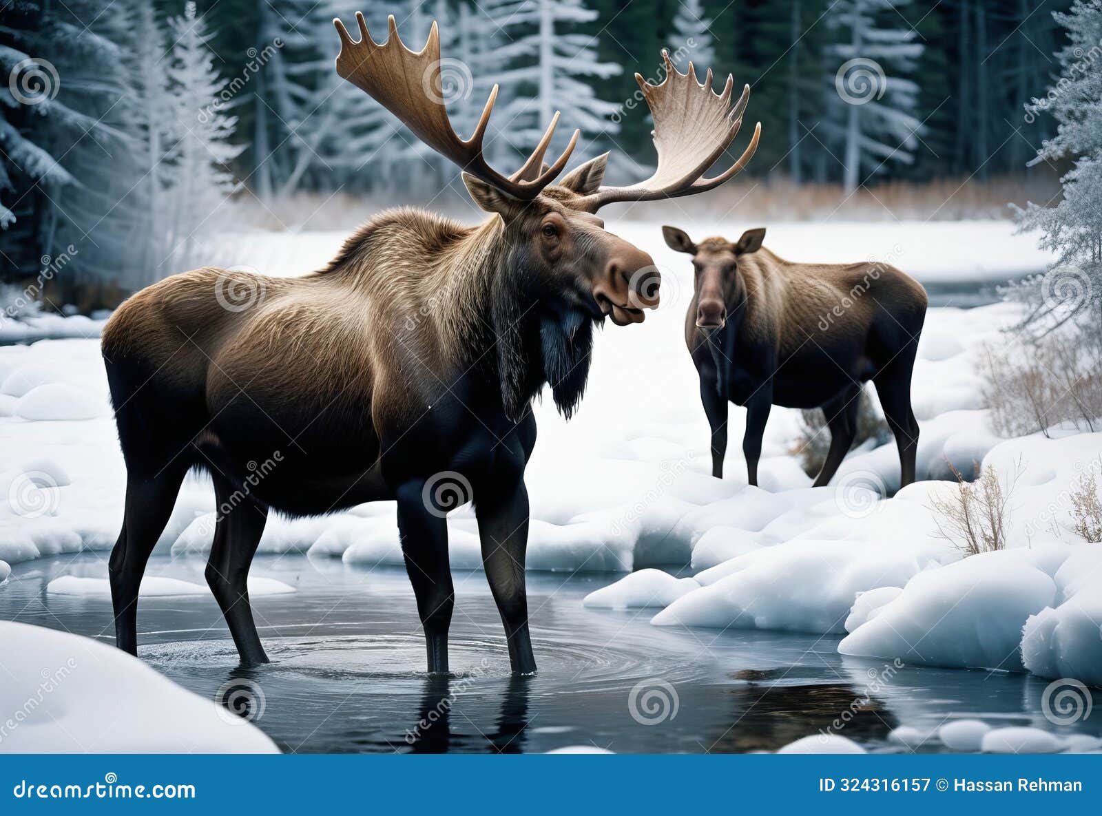 Adult Moose Standing in Snowy Forest Stream Stock Illustration ...