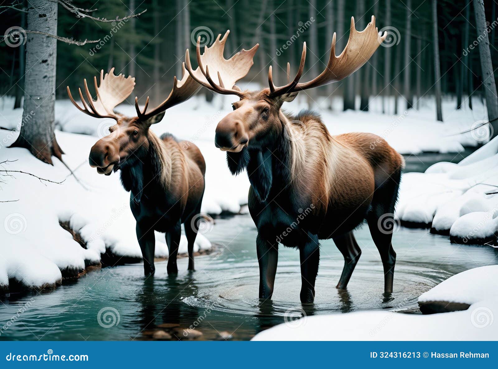 Adult Moose Standing in Snowy Forest Stream Stock Illustration ...
