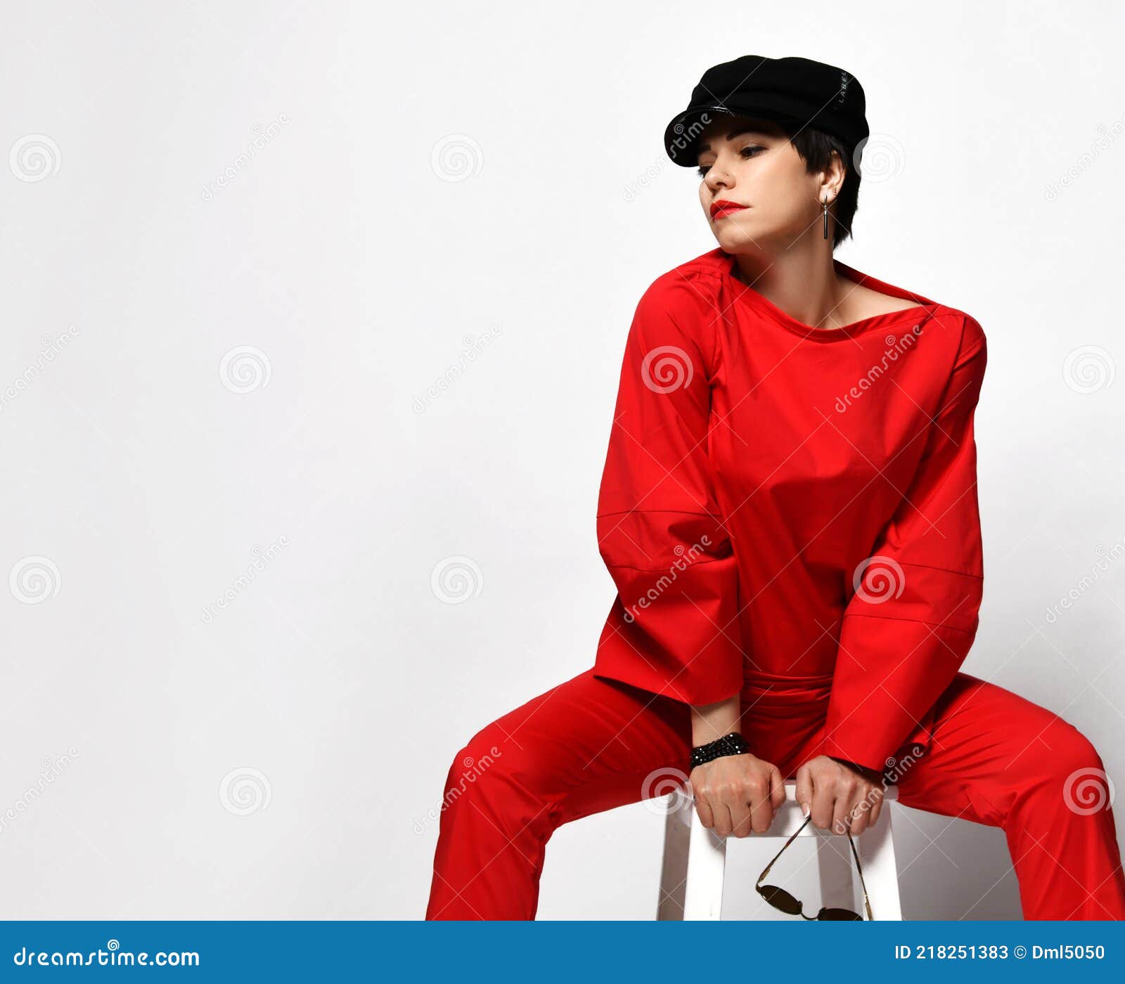 Adult Pretty Sensual Short Haired Brunette Woman In Stylish Casual Red