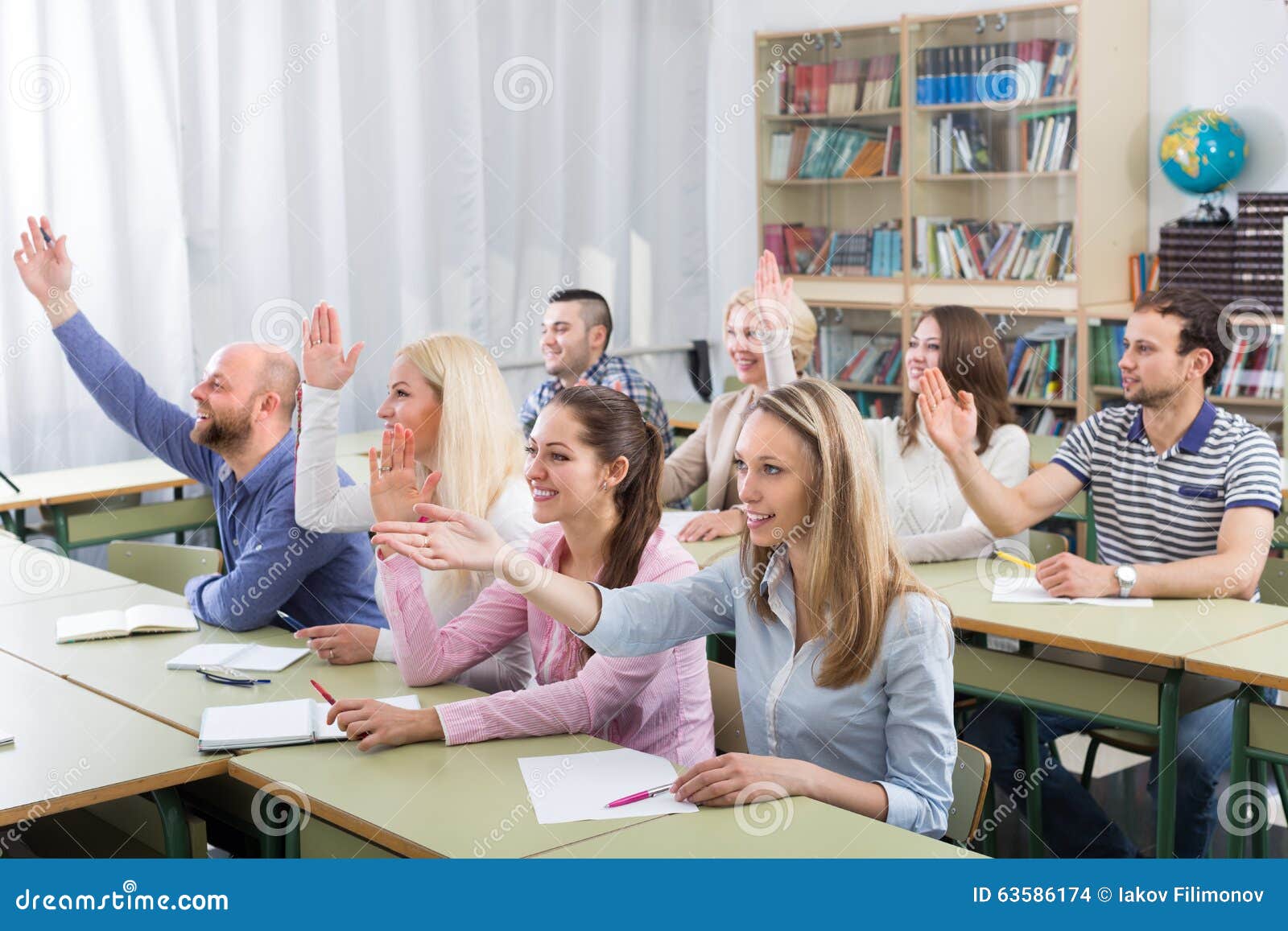 Adult Students with Hands Up at Class Stock Photo - Image of happy ...