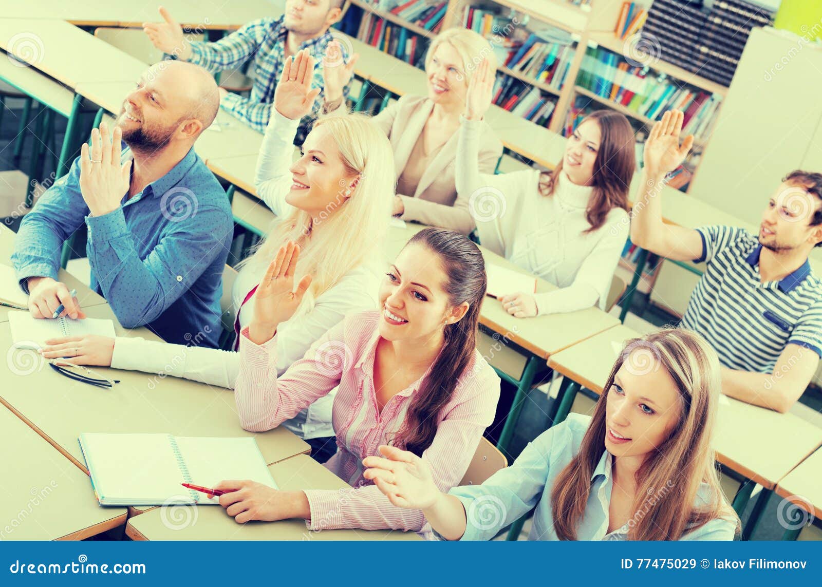 Adult Students with Hands Up at Class Stock Image - Image of person ...