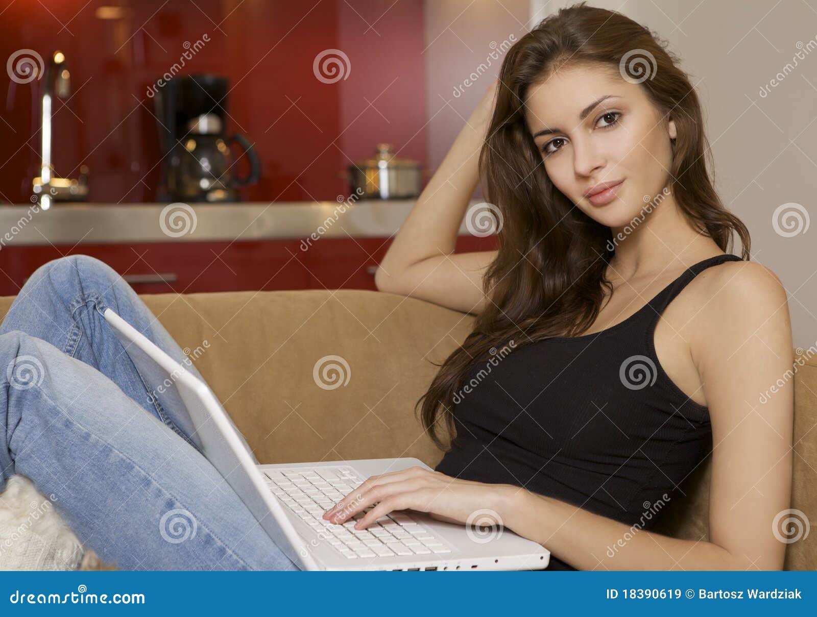 Adult Woman Using Laptop Computer at Home Stock Image - Image of adult ...
