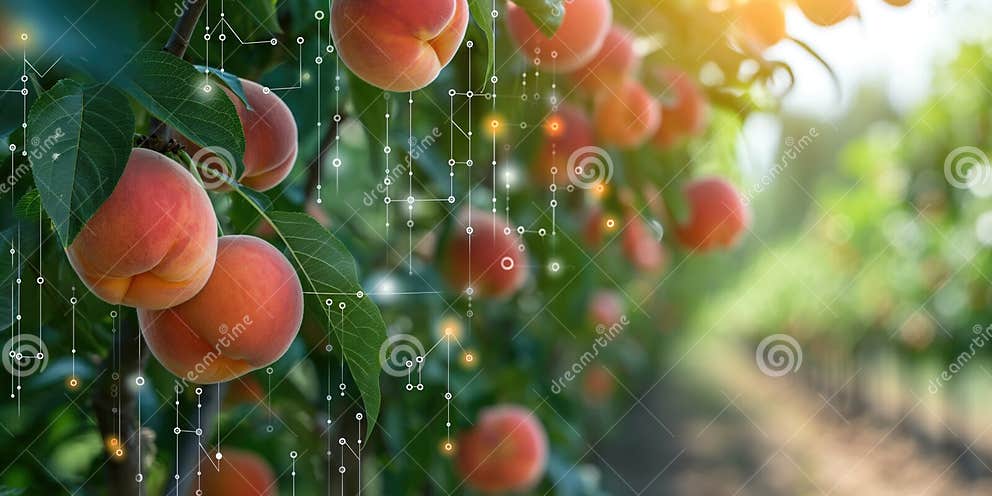 Advanced Agricultural Technology in a Peach Orchard. a Close-up of Ripe ...