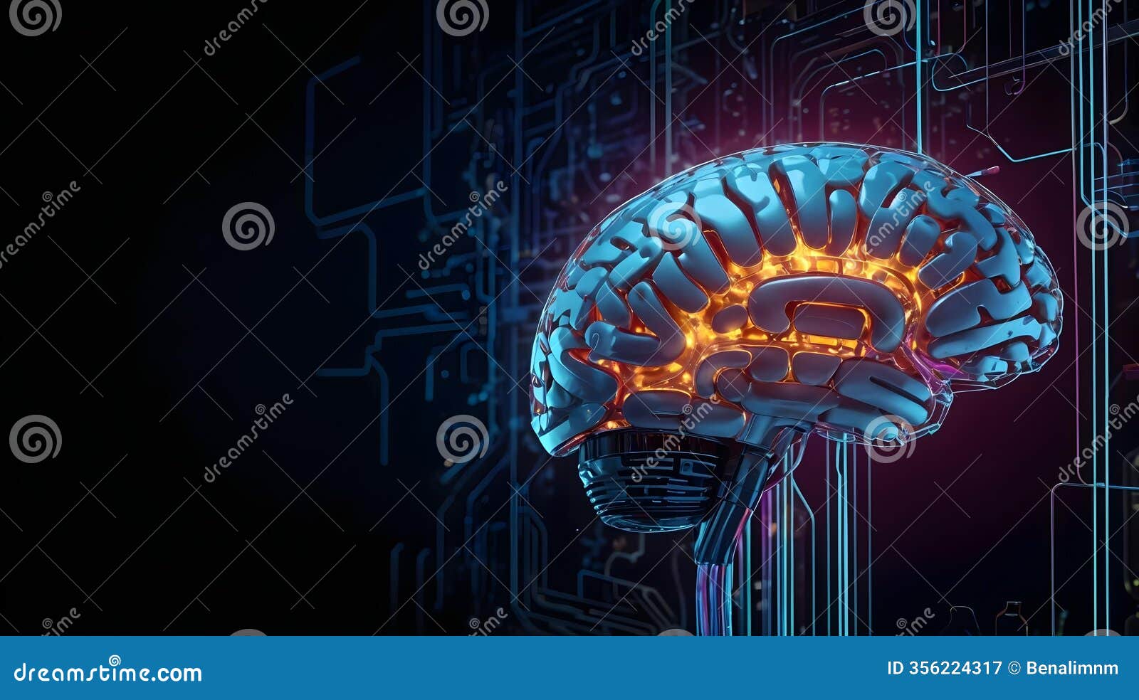 Advanced AI Brain with Interconnected Circuits and Neon Data Streams Stock Illustration ...