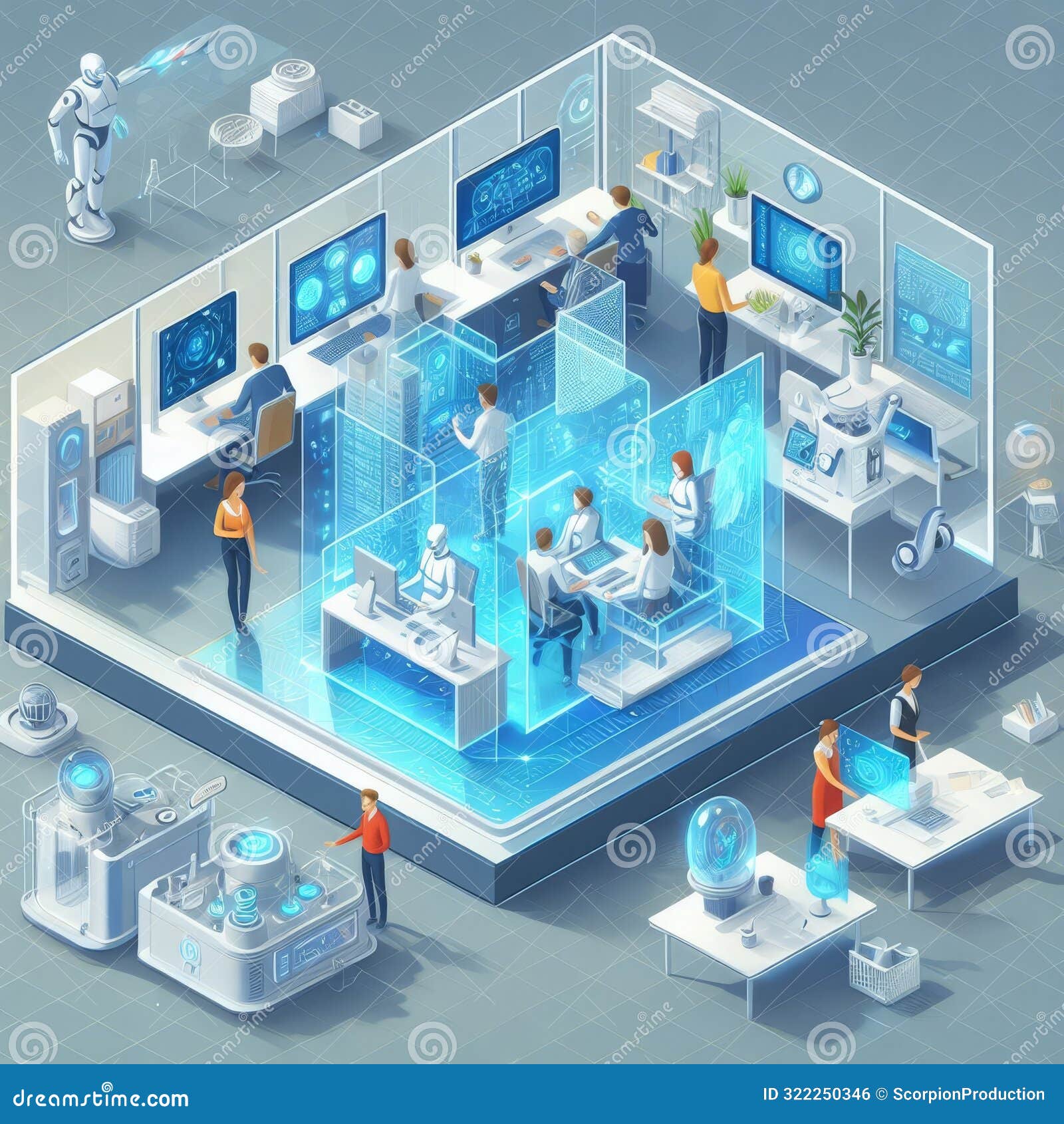 Advanced AI Office with Robots and Digital Workstations Stock Photo ...