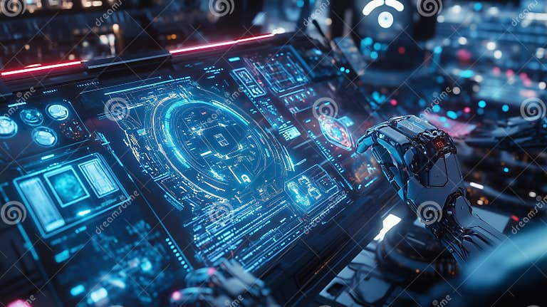 Advanced AI Robot Analyzing Data in Futuristic Control Room Stock Illustration - Illustration of ...