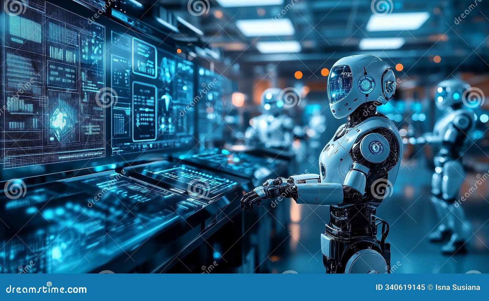 Advanced AI Robot Analyzing Data in Futuristic Control Room Stock Illustration - Illustration of ...