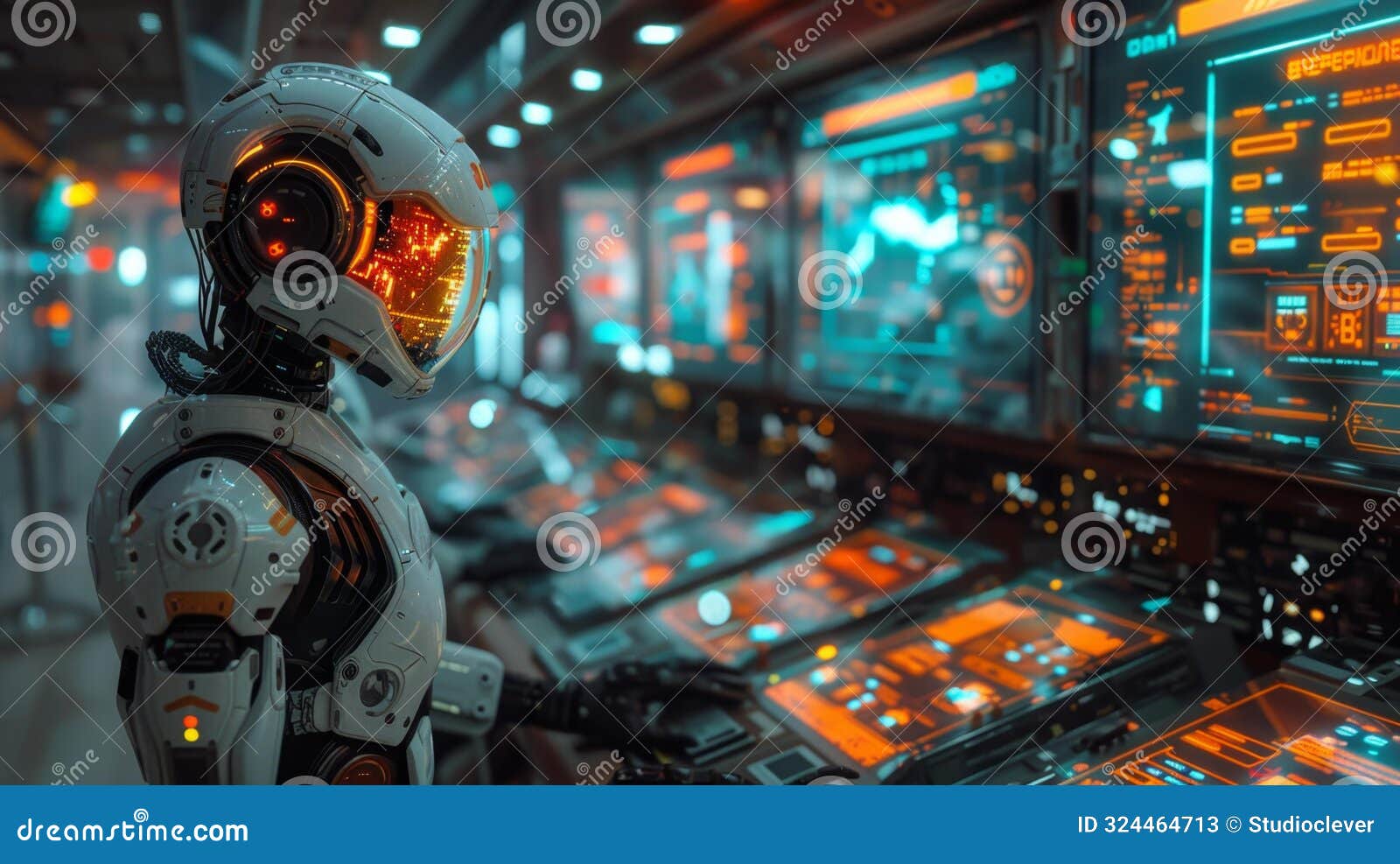 Advanced AI Robot Operating High-Tech Control Room, Generative AI Stock ...
