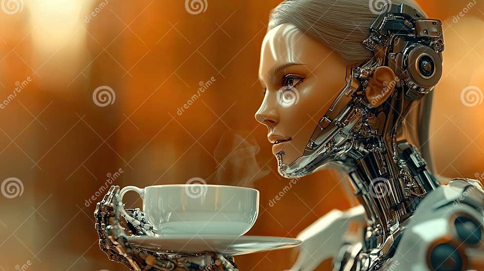 Advanced Android Holds a Virtual Cup of Coffee in a Futuristic ...