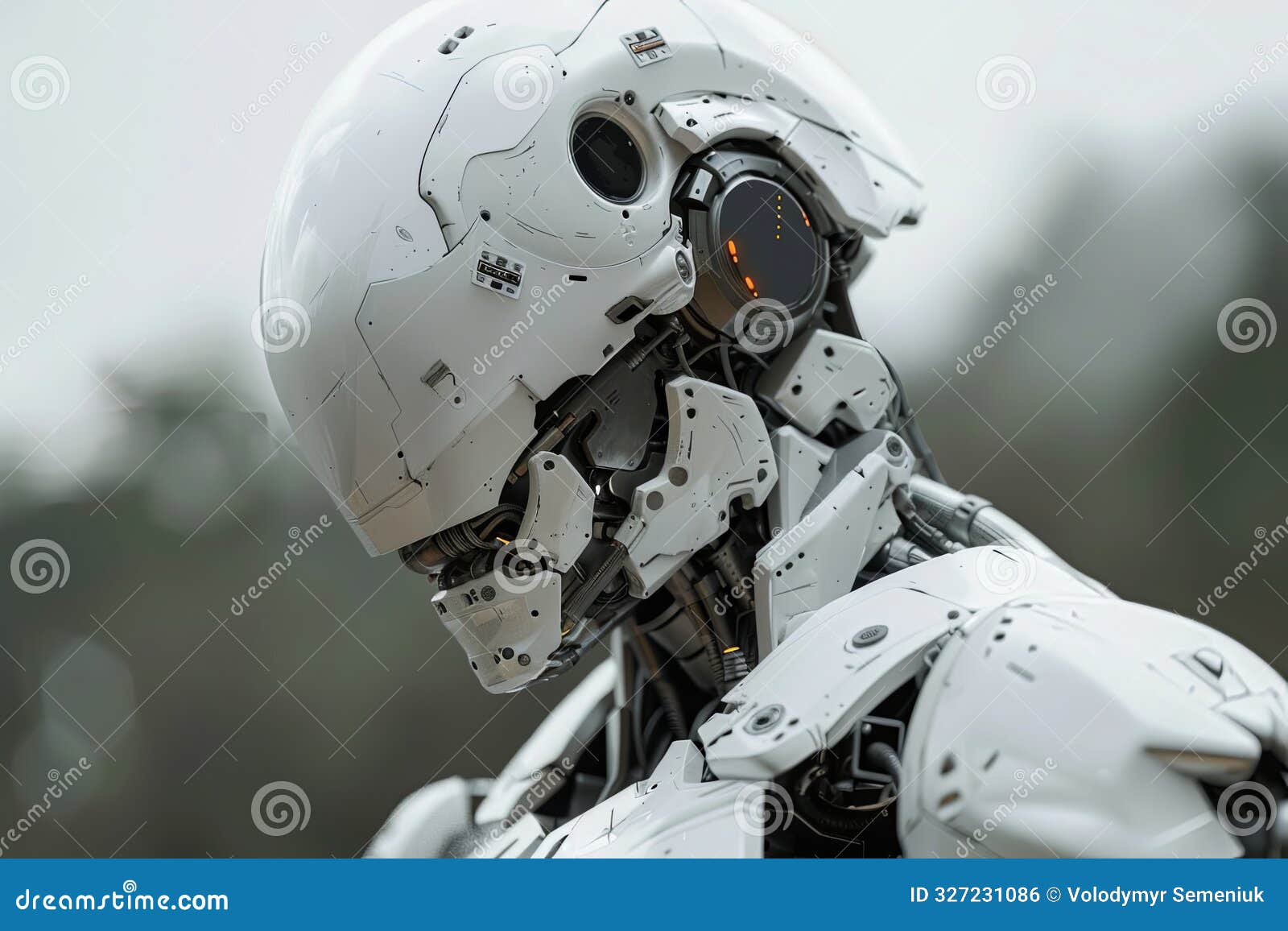 Advanced Android Robot Humanoid with White Helmet Tilts Head Downward ...