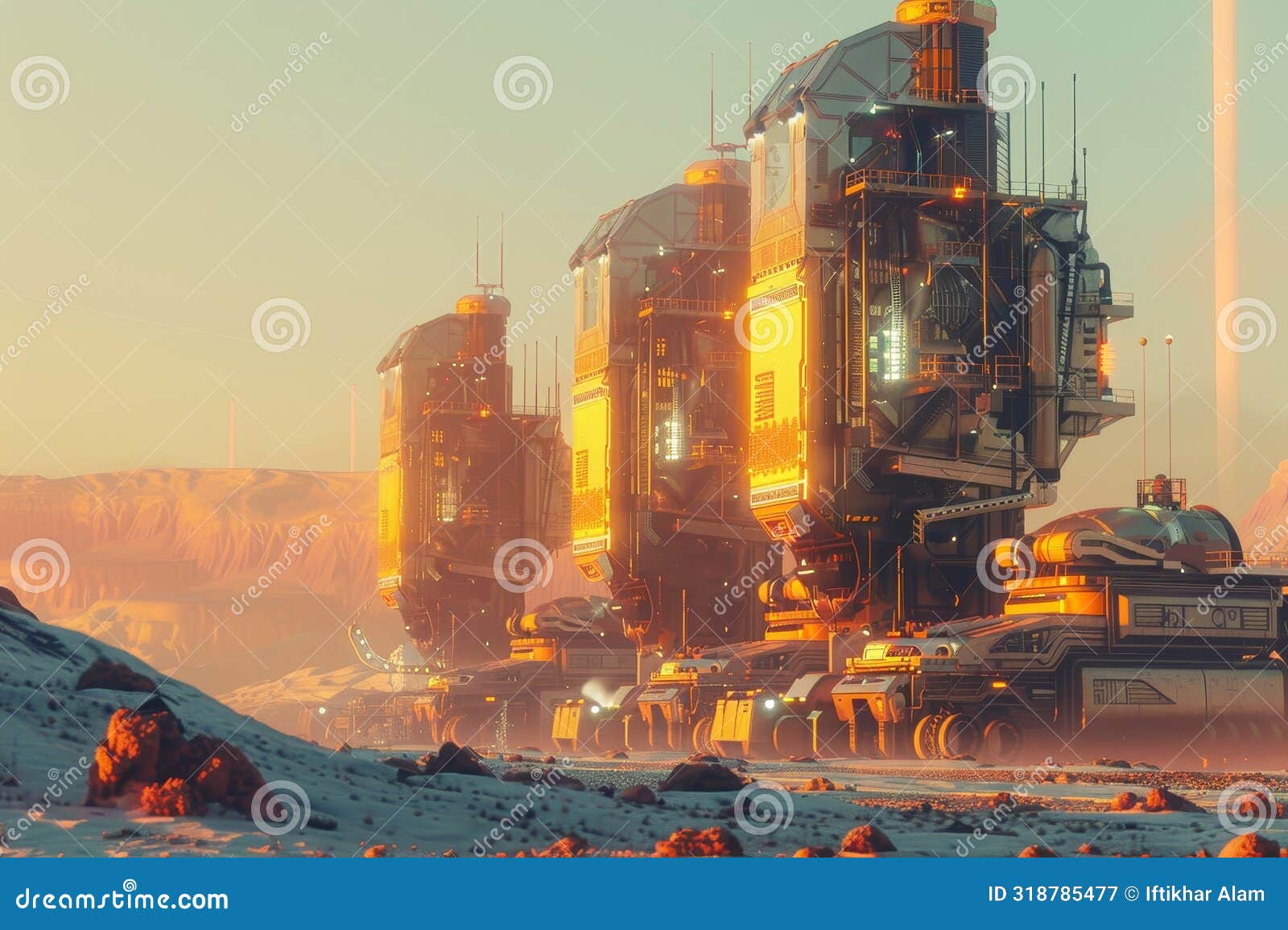 An Advanced Automated Mining Rig Operating in a Futuristic Sci-fi Environment, Creating a ...