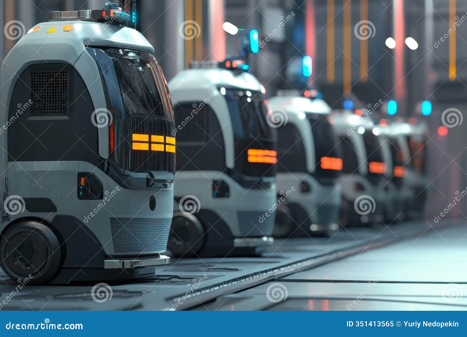 Advanced Autonomous Delivery Robots Lined Up in a Modern Distribution ...