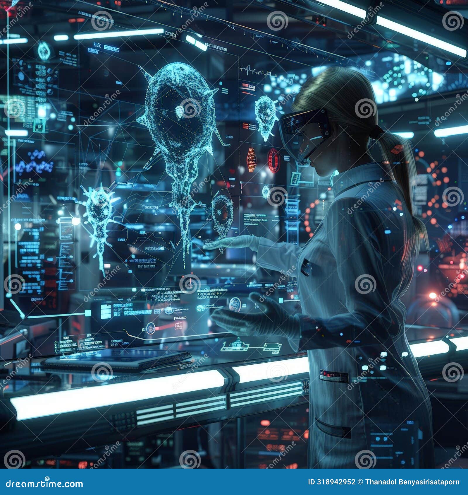 An Advanced Biotech Lab With A Young Scientist Using A Virtual Interface To Manipulate 3D Models ...