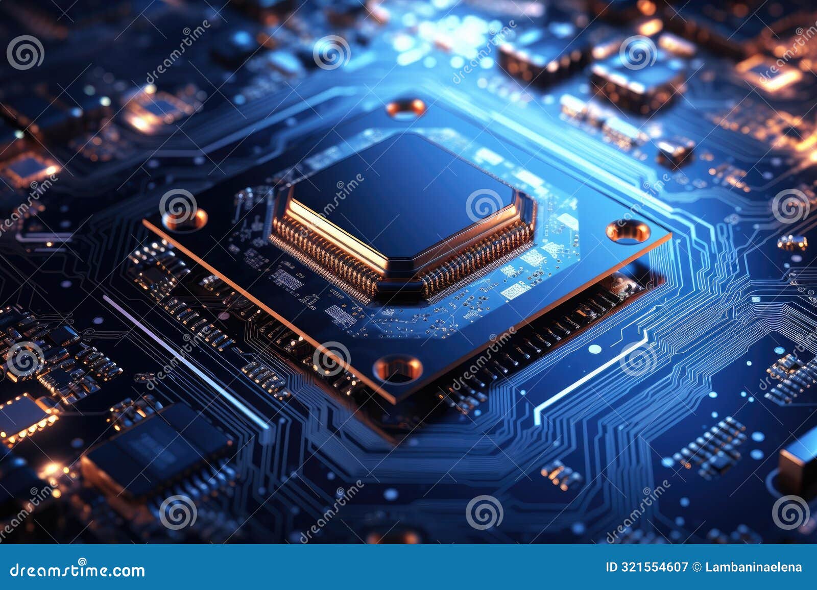 Advanced Blue Microchip on a Circuit Board Technology Concept ...