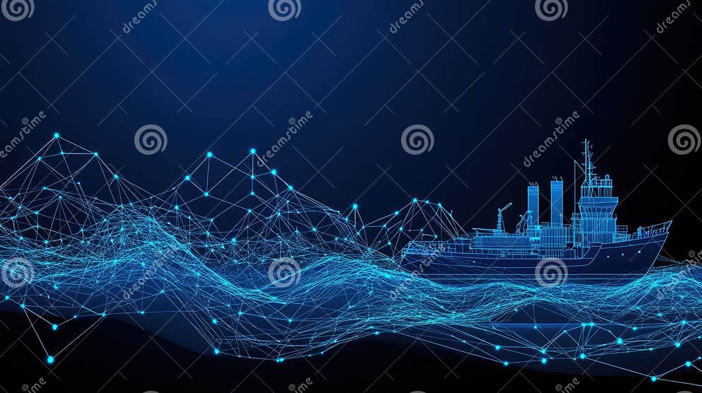 An Advanced Cargo Ship Made from Digital Lines Traverses the Ocean ...