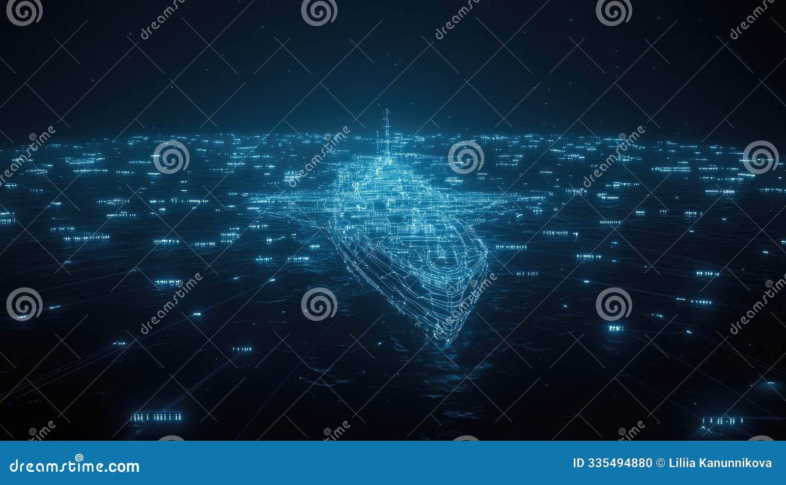 An Advanced Cargo Ship Made from Digital Lines Traverses the Ocean ...