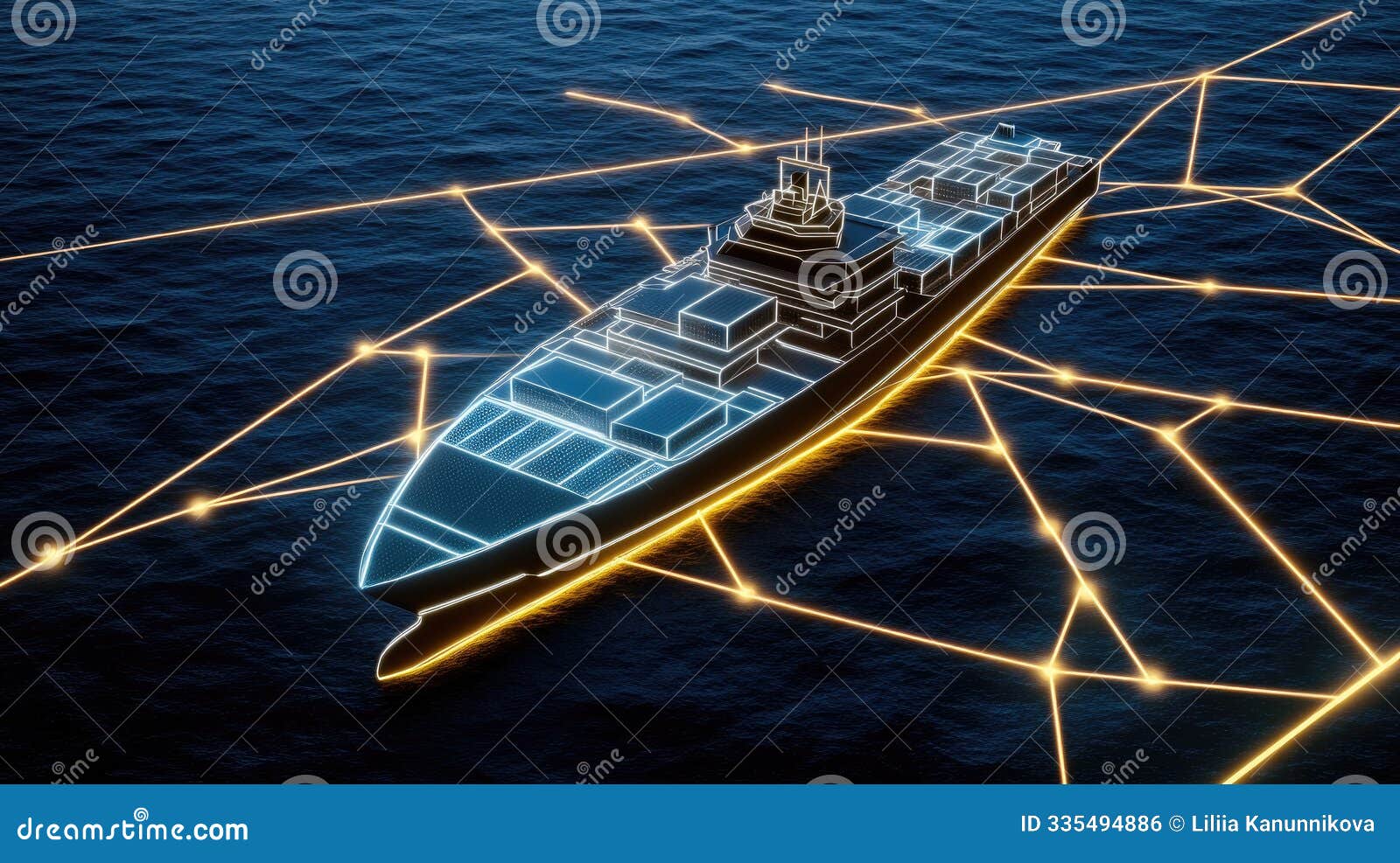 An Advanced Cargo Ship Made from Digital Lines Traverses the Ocean ...