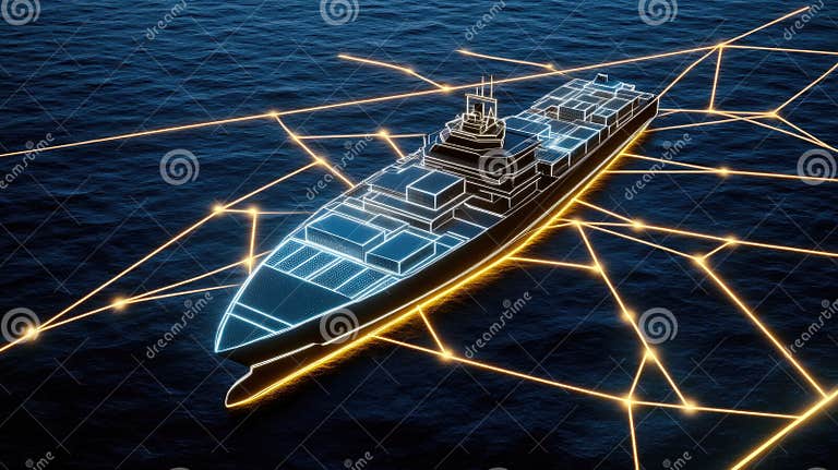 An Advanced Cargo Ship Made from Digital Lines Traverses the Ocean ...