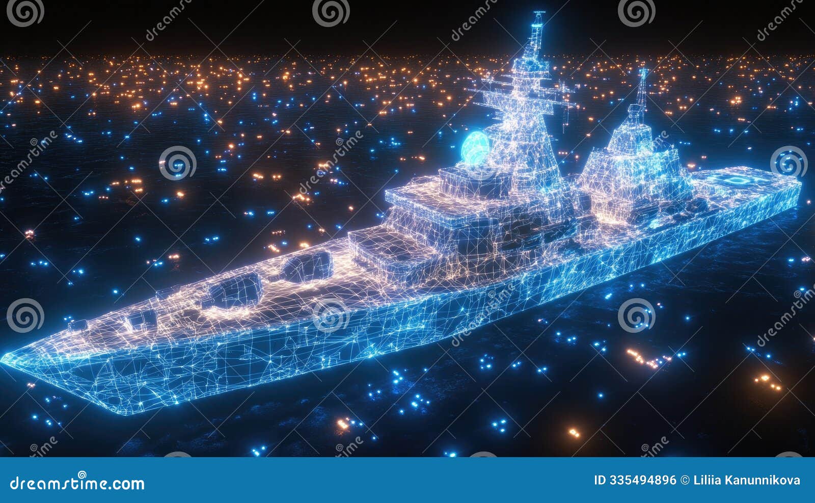 An Advanced Cargo Ship Made from Digital Lines Traverses the Ocean ...