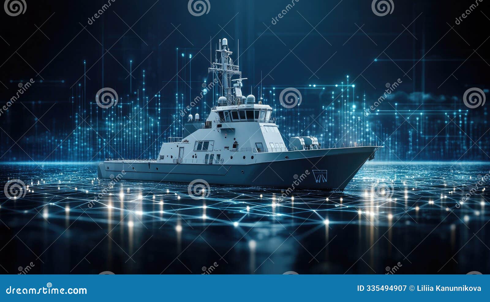 An Advanced Cargo Ship Made from Digital Lines Traverses the Ocean ...