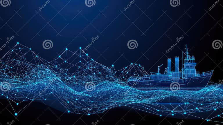 An Advanced Cargo Ship Made from Digital Lines Traverses the Ocean ...
