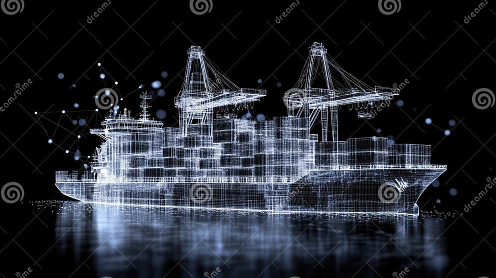 An Advanced Cargo Ship Made from Digital Lines Traverses the Ocean ...