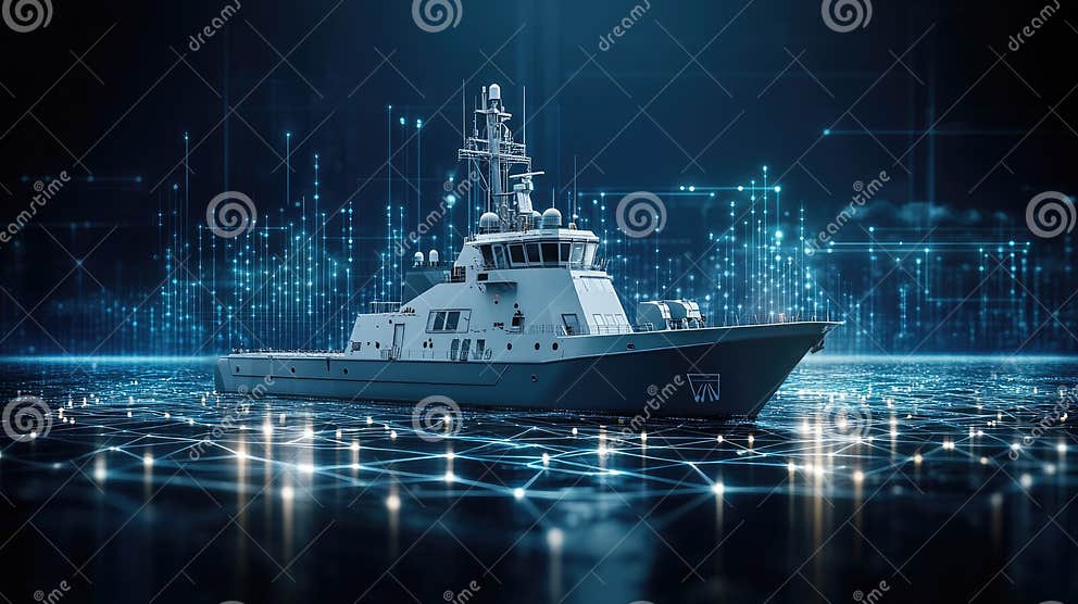 An Advanced Cargo Ship Made from Digital Lines Traverses the Ocean ...