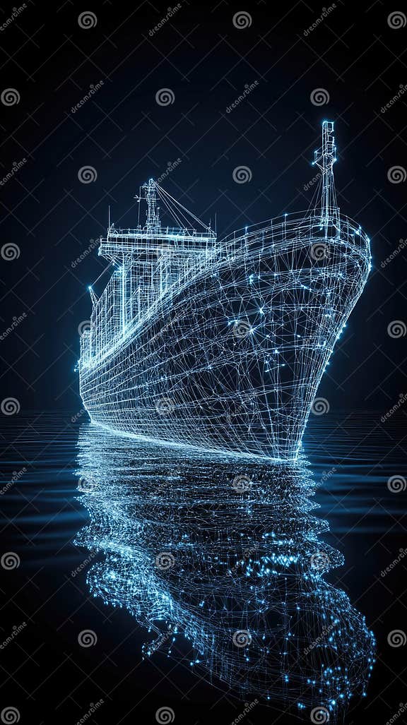 An Advanced Cargo Ship Made from Digital Lines Traverses the Ocean ...