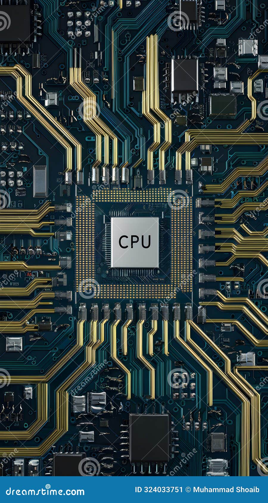 Advanced Circuit Board with CPU and Intricate Components, Golden Blue ...