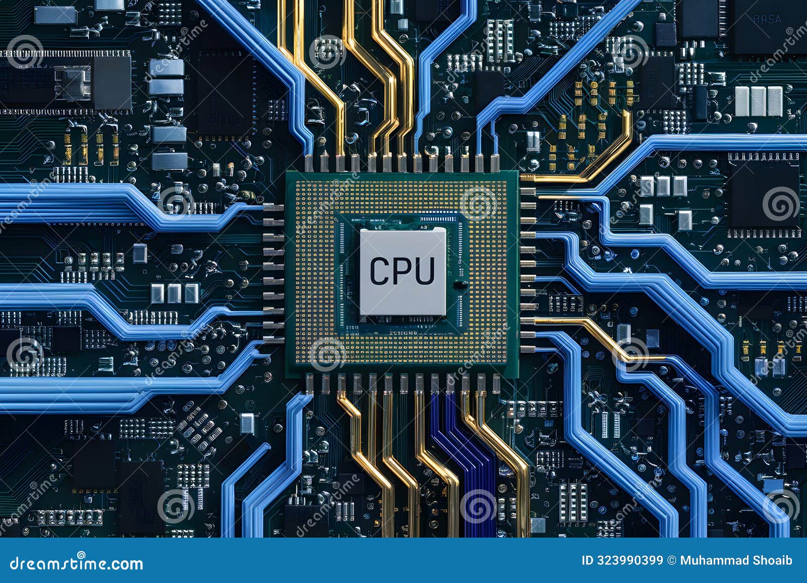 Advanced Circuit Board with CPU and Intricate Components, Golden Blue ...