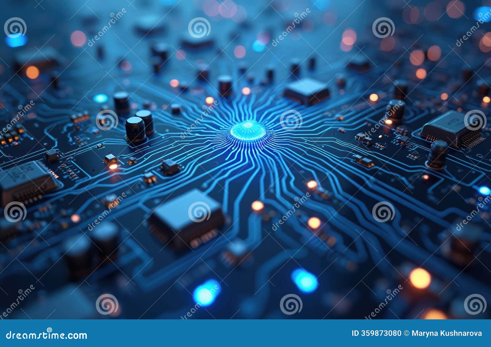 Advanced Circuit Board with Glowing Blue Lights, Intricate Electronic ...