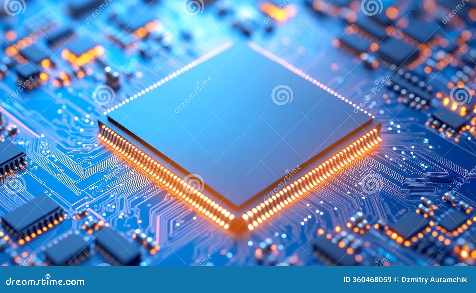 An Advanced Circuit Board Radiating Blue and Orange Lights Stock Image ...