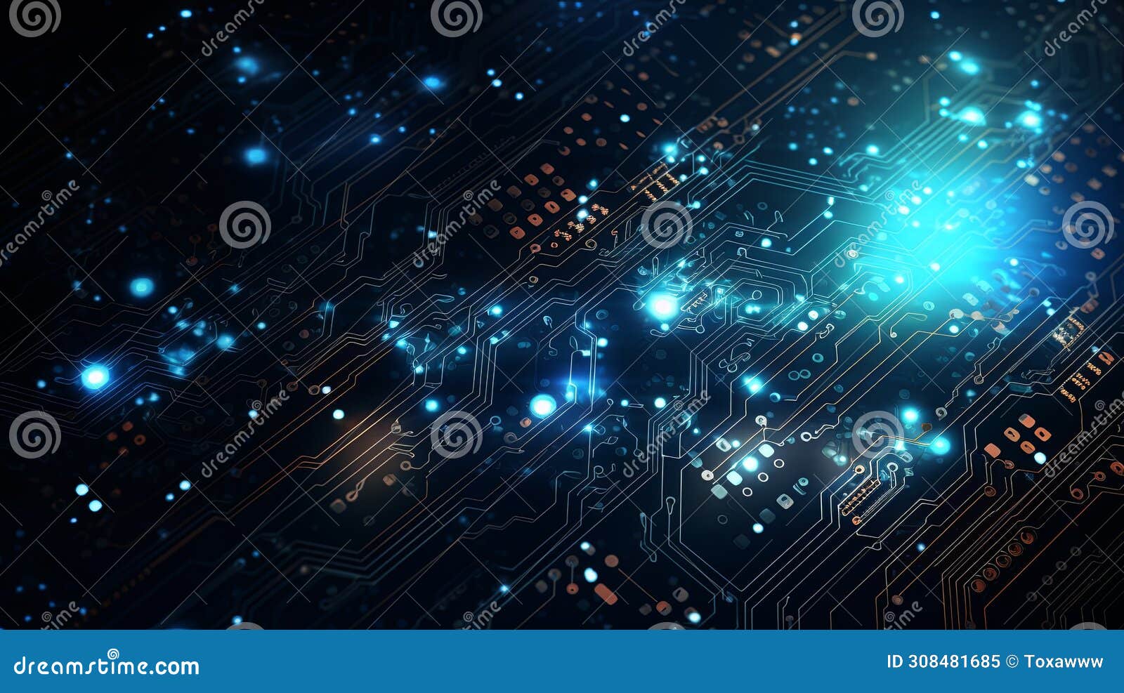 Advanced Circuit Board Technology with Blue Glowing Lights and Data ...