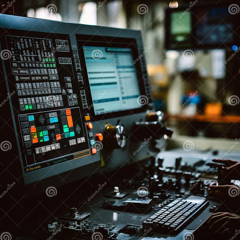 Advanced Cnc Machine Control Panel with Multiple Digital Screens Showing Complex Data and Graphs ...