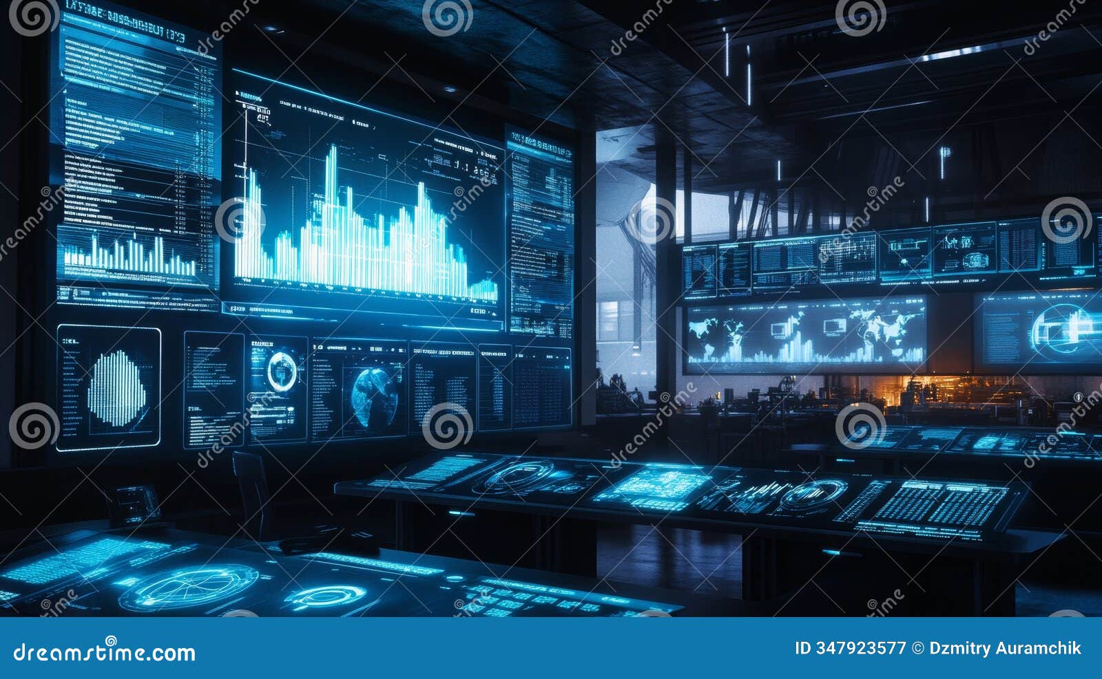 An Advanced Command Center Equipped with Holographic Monitors ...