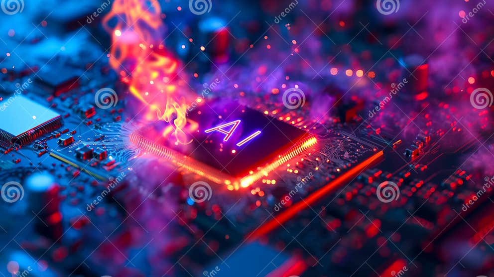 Advanced Computer Processor Chip with AI Acceleration is Burning in Dark Digital Environment ...