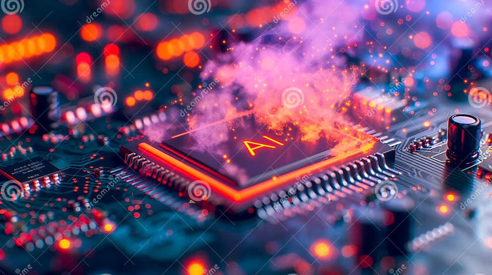 Advanced Computer Processor Chip with AI Acceleration is Burning in Dark Digital Environment ...