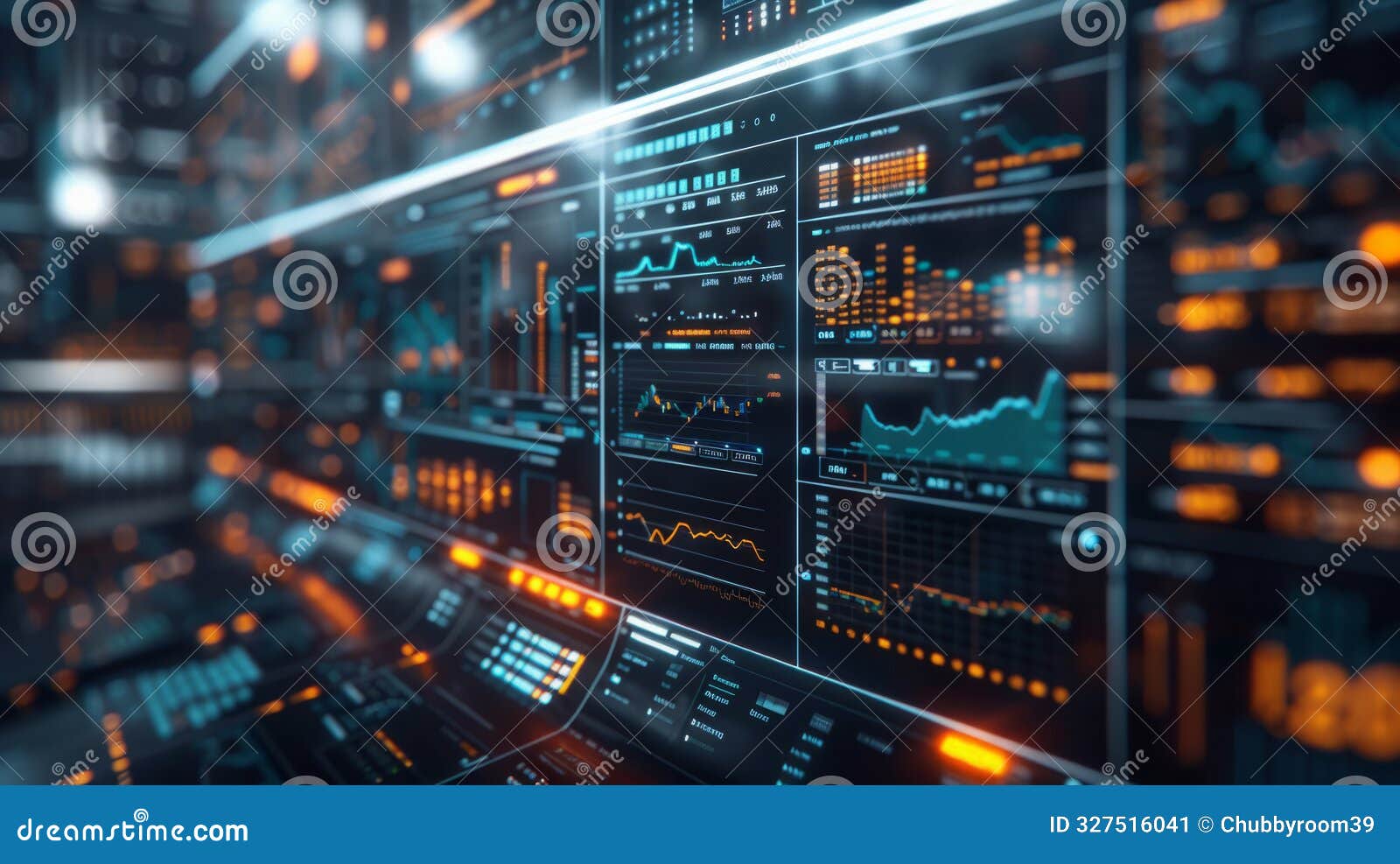 An Advanced Control Room Interface with Multiple Screens Displaying Various Graphs, Data ...