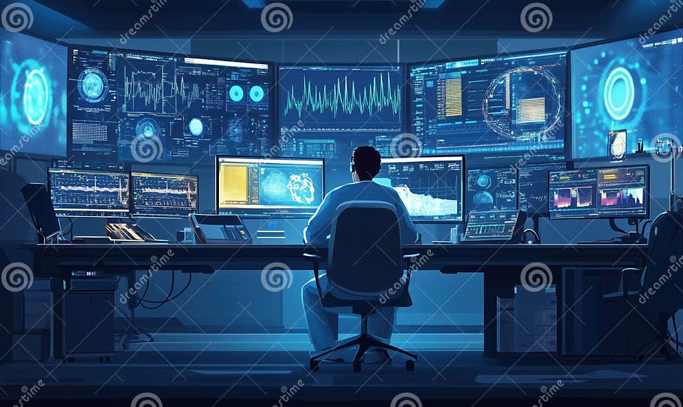 Advanced Data Analysis in High-tech Laboratory with Multiple Screens Displaying Complex Graphs ...