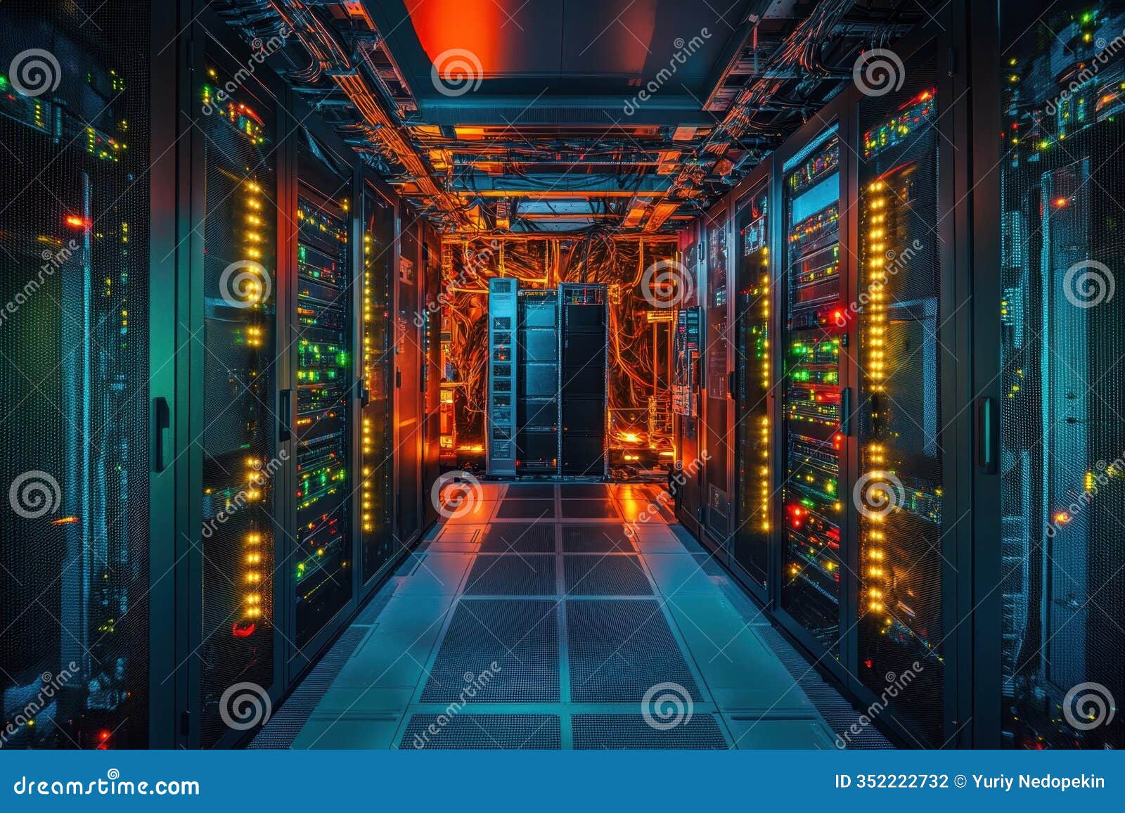 Advanced Data Center with Colorful Lights and Organized Server Racks at ...